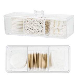 ZEXALOR Clear Bathroom Dresser Organizer - Cotton Ball Swab Holder with 3 Divided Compartments&Lid, , Waterproof Transparent Small Plastic Storage Containers, Vanity Makeup Organization (Clear)