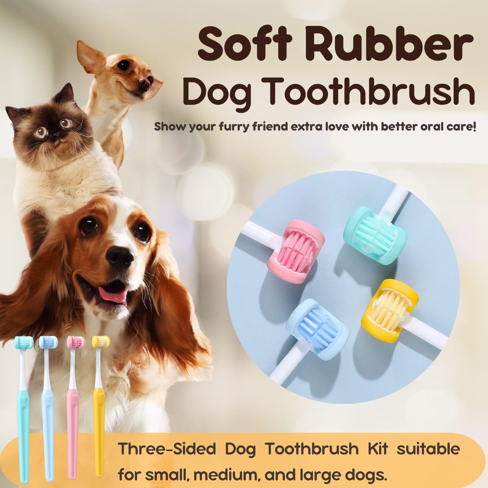 Pilopgaso Dog Tooth Brush 6Pack Dog Toothbrush Kit 3 Sided Pet Toothbrush Horizontal Head Cat Toothbrush Dental Care Toothbrush for Dogs Cats Silicone Small Dog Toothbrush for Plaque Sensitive Teeth