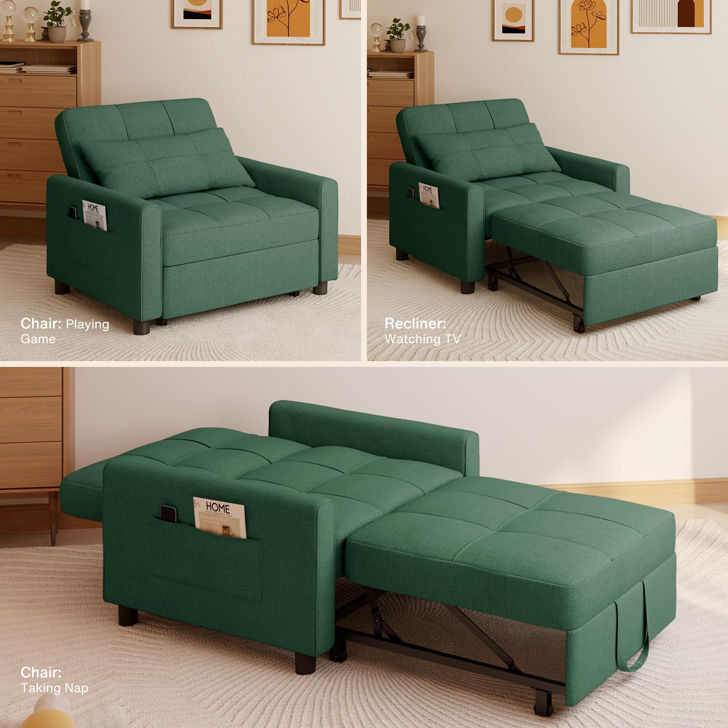 Aiho Convertible Sleeper Sofa Chair Bed with Pillow & Pocket, 3-in-1 Sofa Bed Sleeper Chair in Modern Linen Fabric for Apartment, Green