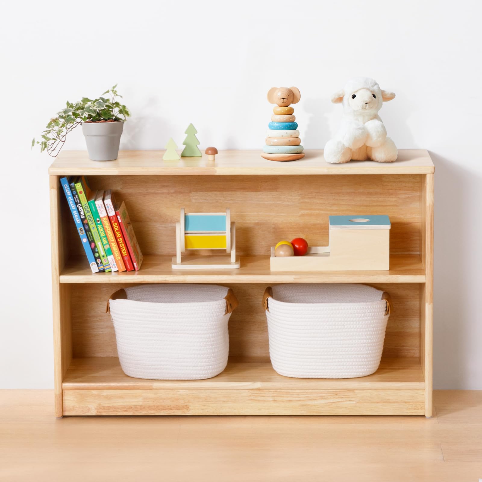 OOOK Rubber Wood Montessori Shelf and Toy Storage, 35.4" L, Solid Wood Bookshelf and Toy Organizers, 2-Tier Storage Cabinet Shelves and Kids Bookcase for Classroom, Kindergarten, Kids Room, Playroom.