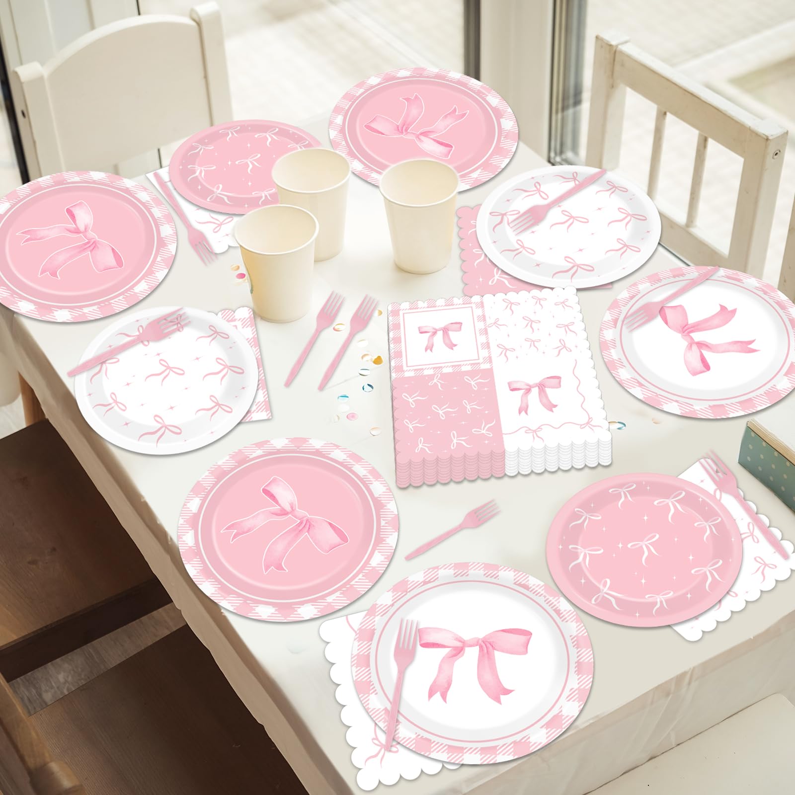 96pcs Pink Bow Party Supplies Bow Birthday Party Plates and Napkins Pink Bow Party Decorations for Girl Bachelorette Bridal Engagement Baby Shower Coquette Cute Tableware Dinnerware Serves 24 Guests