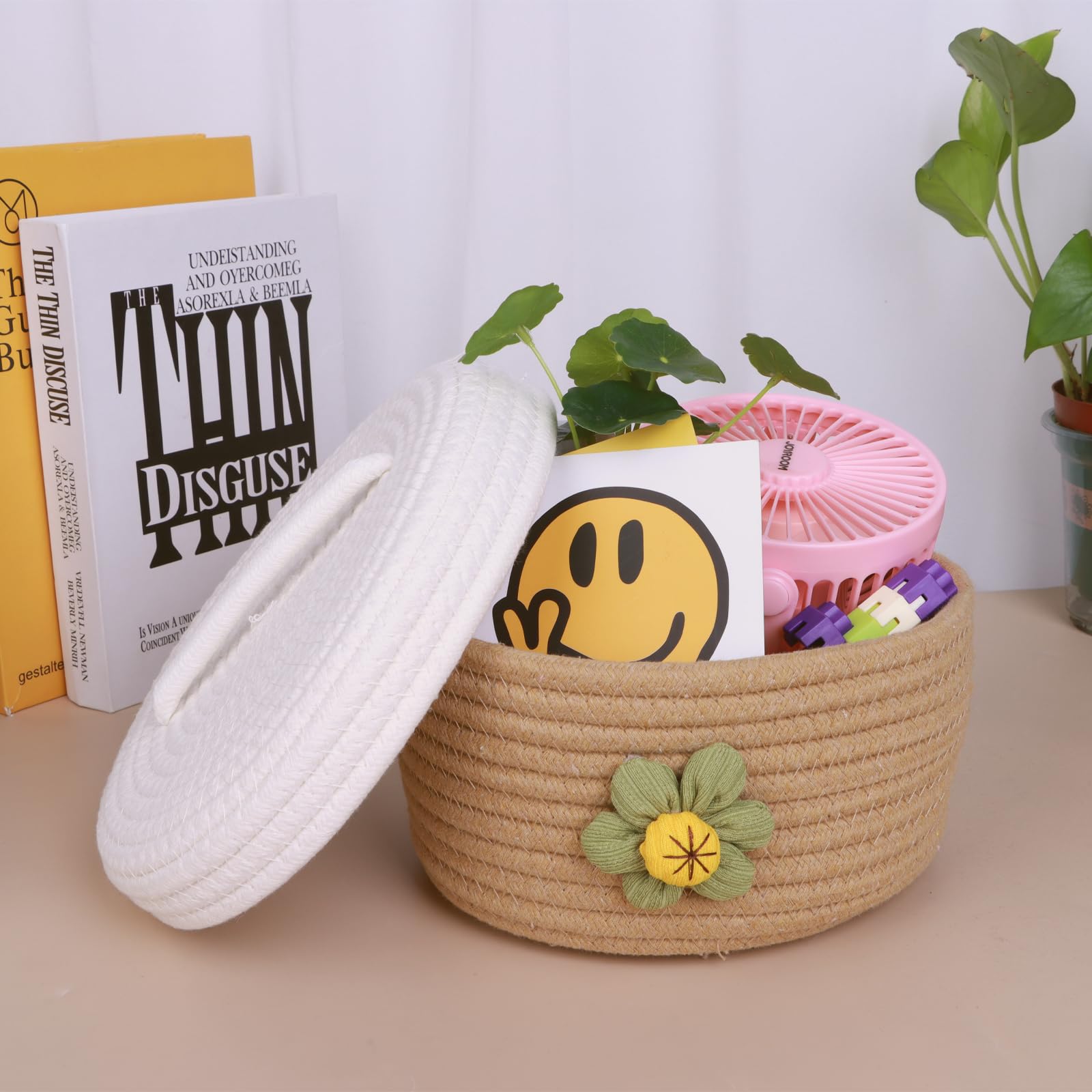 Small Covered Storage Basket, Handmade Woven Fresh Style Desktop Decoration, Organizing Household Miscellaneous Items