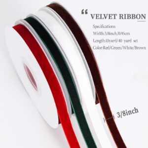 YANGTE 4 Colors Velvet Ribbon Set, 3/8" x 40Yard Premium Velvet Ribbon for Gift Wrapping, Christmas Velvet Ribbon Christmas Tree Velvet Ornaments Handmade Crafts Bow Making（Red,Green,White,Brown）