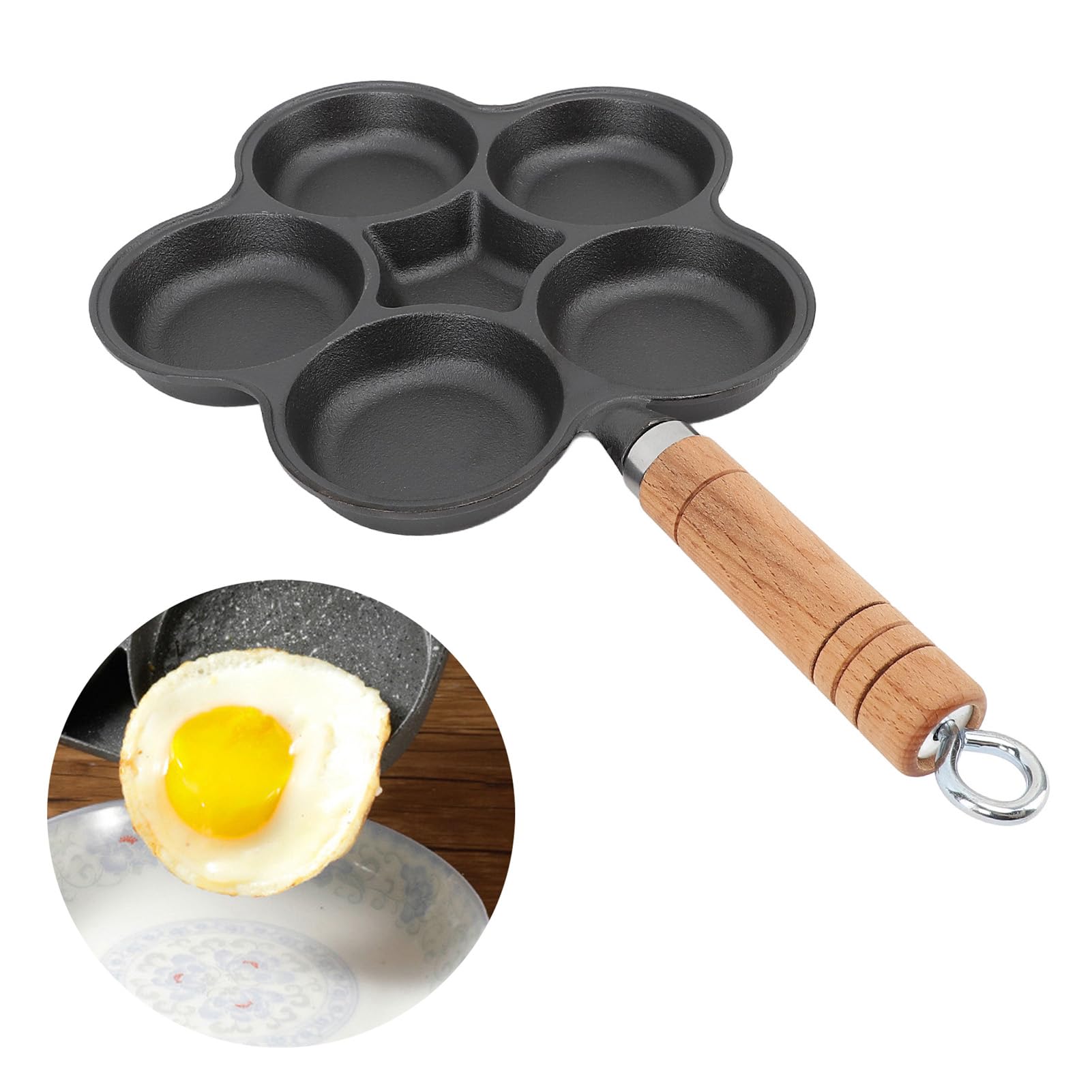 Cast Iron 5 Hole Egg Frying Pan, Heavy Duty Breakfast Pan, Fast Heating Induction Cooker, Solid Wood Handle, for Gas Stove