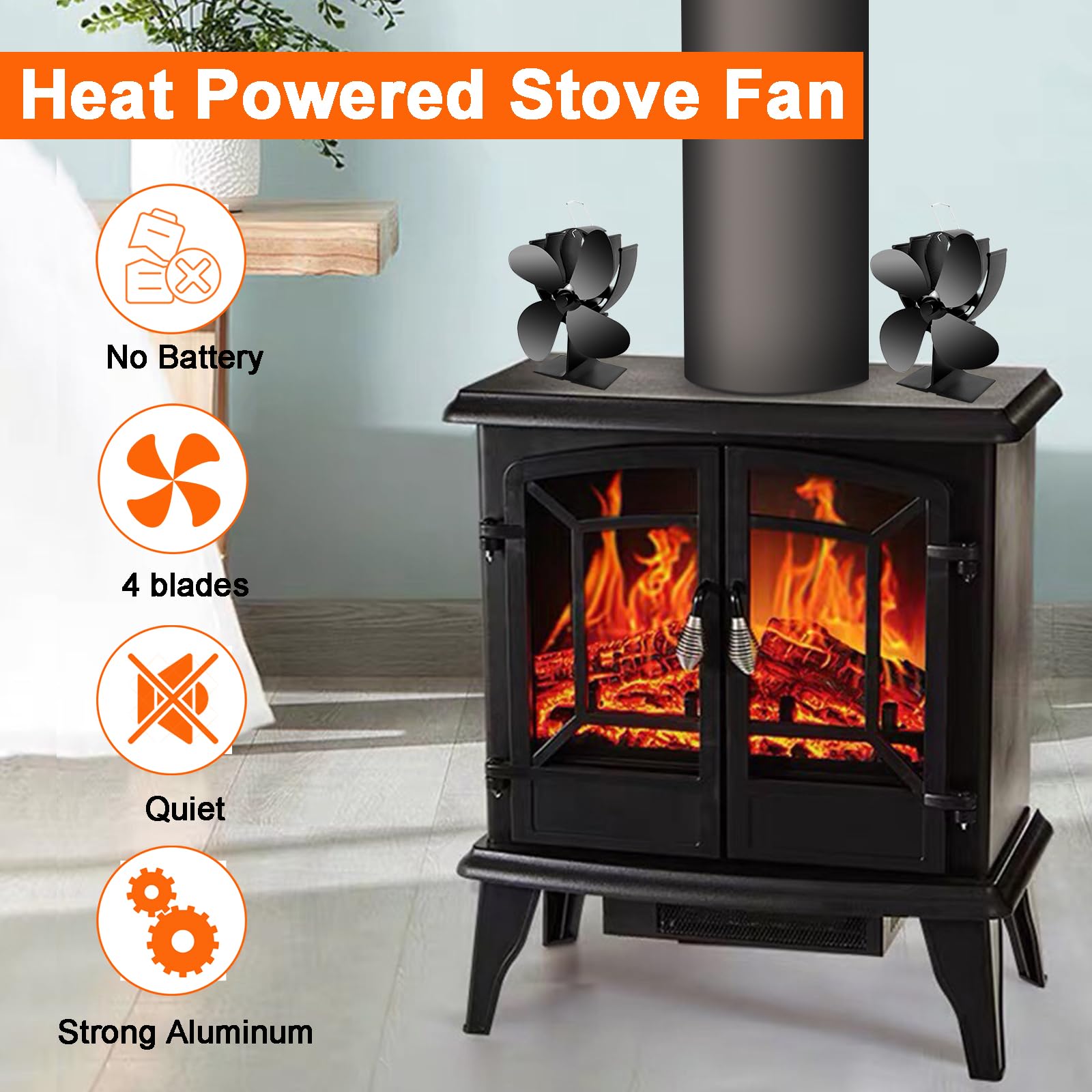 drtulz Wood Stove Fan Black Fireplace 4 Blade Heat Powered Stove Fan for Wood Log Wood Burner Fireplace Eco Friendly Fan for Home