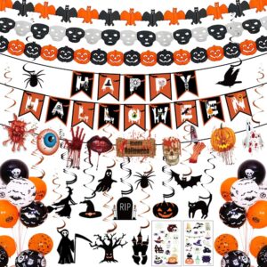 halloween decorations, halloween party decorations including happy halloween banner, hanging swirl, halloween pumpkin skull ghost horror banner, halloween balloons for halloween indoor decorations