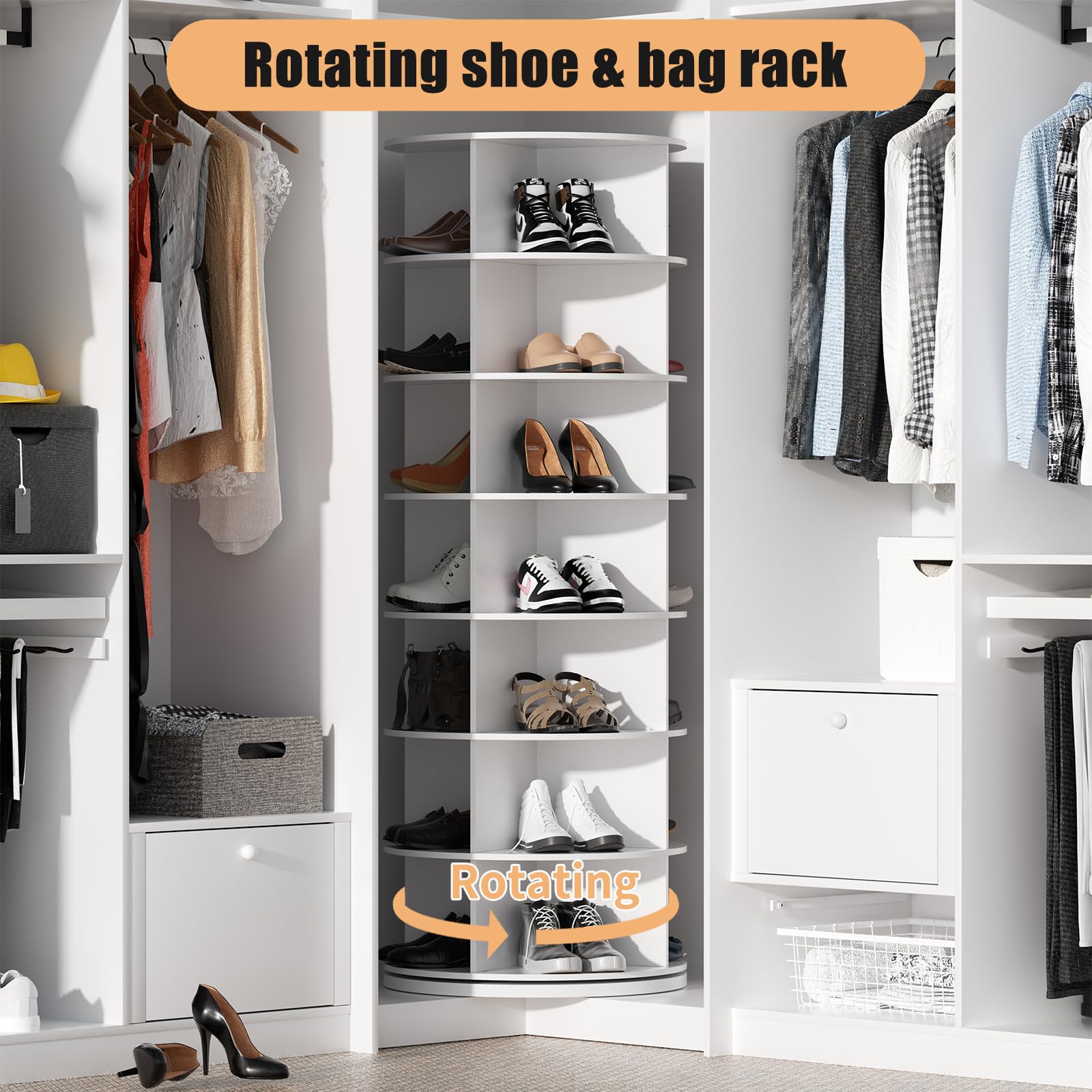 7 Tier Rotating Shoe Rack Tower, Revolving 360 Shoe Rack Storage Round Carousel,Spinning Shoe Display Lazy Susan, Vertical Handbag Rotate Shoes Closet Organization for Entryway Living Room Hallway.