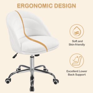 Yaheetech Velvet Cute Desk Chair Armless Office Chair Swivel Vanity Chair with Wheels Adjustable Comfy Desk Chair Soft Rocking Chair for Home Office, Living Room White