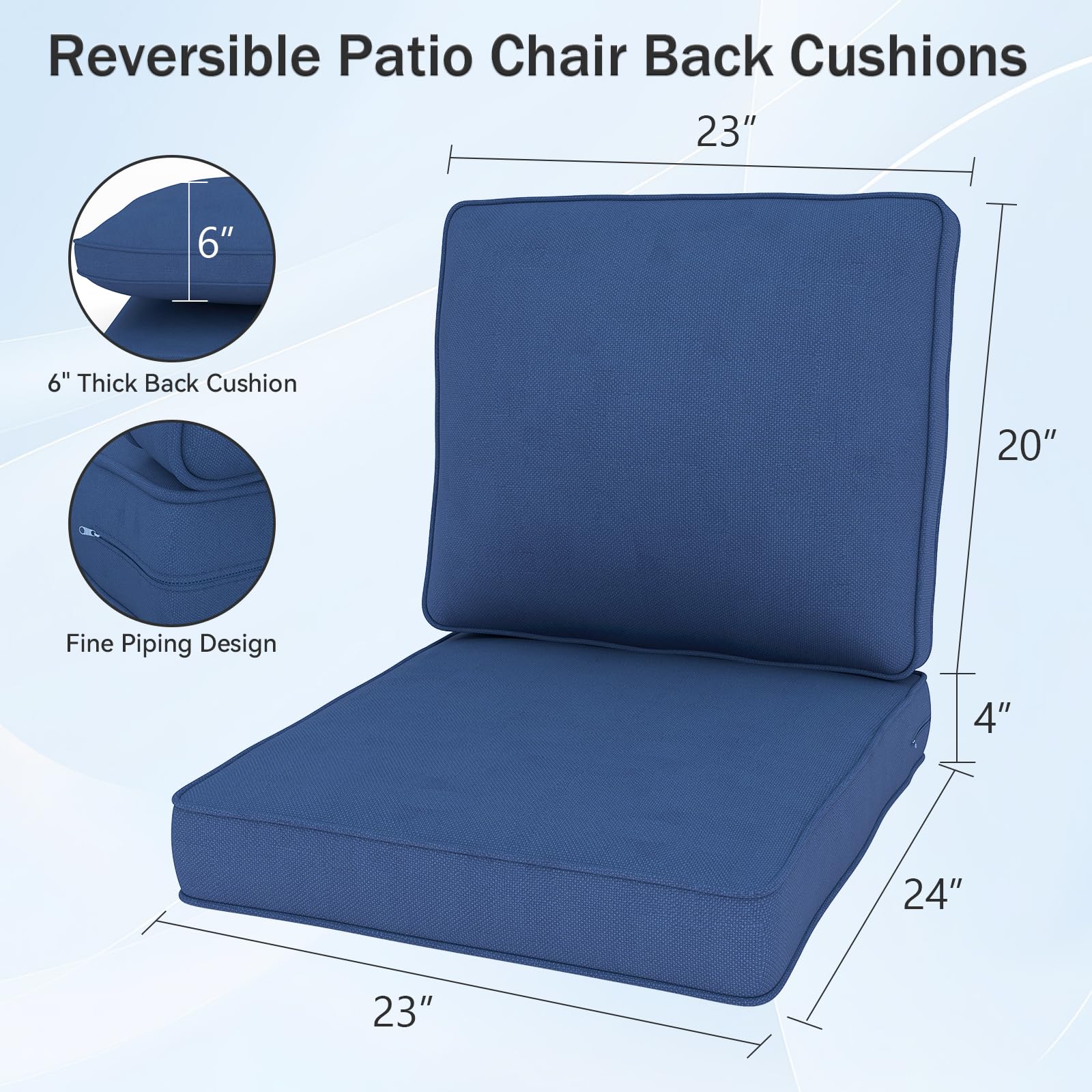 Outdoor Chair Cushions, 24 x 23 Inches High-Density Foam Deep Seat Patio Cushions with Olefin Fabric & Removable Zipper Cover, Outdoor Furniture Replacement Cushions for Chair Sofa Couch - Blue