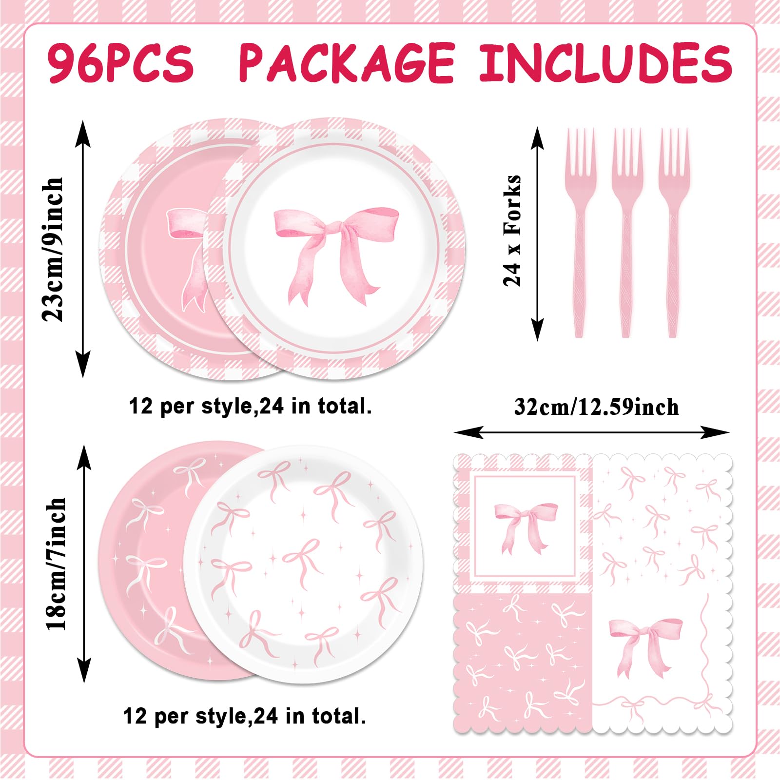 96pcs Pink Bow Party Supplies Bow Birthday Party Plates and Napkins Pink Bow Party Decorations for Girl Bachelorette Bridal Engagement Baby Shower Coquette Cute Tableware Dinnerware Serves 24 Guests