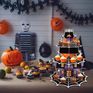 ABTOLS Halloween Cupcake Stand, 3-Tier Castle Cupcake Stand Tower, Black Purple Halloween Cardboard Dessert Holder, Durable Cupcake Tower for Halloween Decoration Birthday Party Supplies