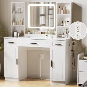 vanity desk with mirror and lights 45.3“w makeup desk with drawers and cabinet vanity table with led light big makeup table with charging station dressing table with glass top for bedroom white