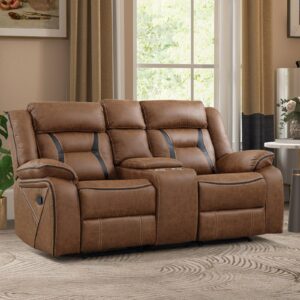 ebello faux leather manual loveseat recliner, 2 seat reclining sofa chair with center console, hidden storage and cup holders, daul recliner for living room, meeting room, brown (loveseat)