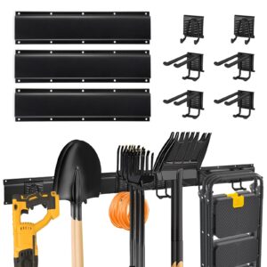 garage organization garage wall organizer-garage tool organizer wall mount 48in with adjustable metal hooks,max 440lbs yard tool organizer,garden tool storage for shovels broom folding chair,black