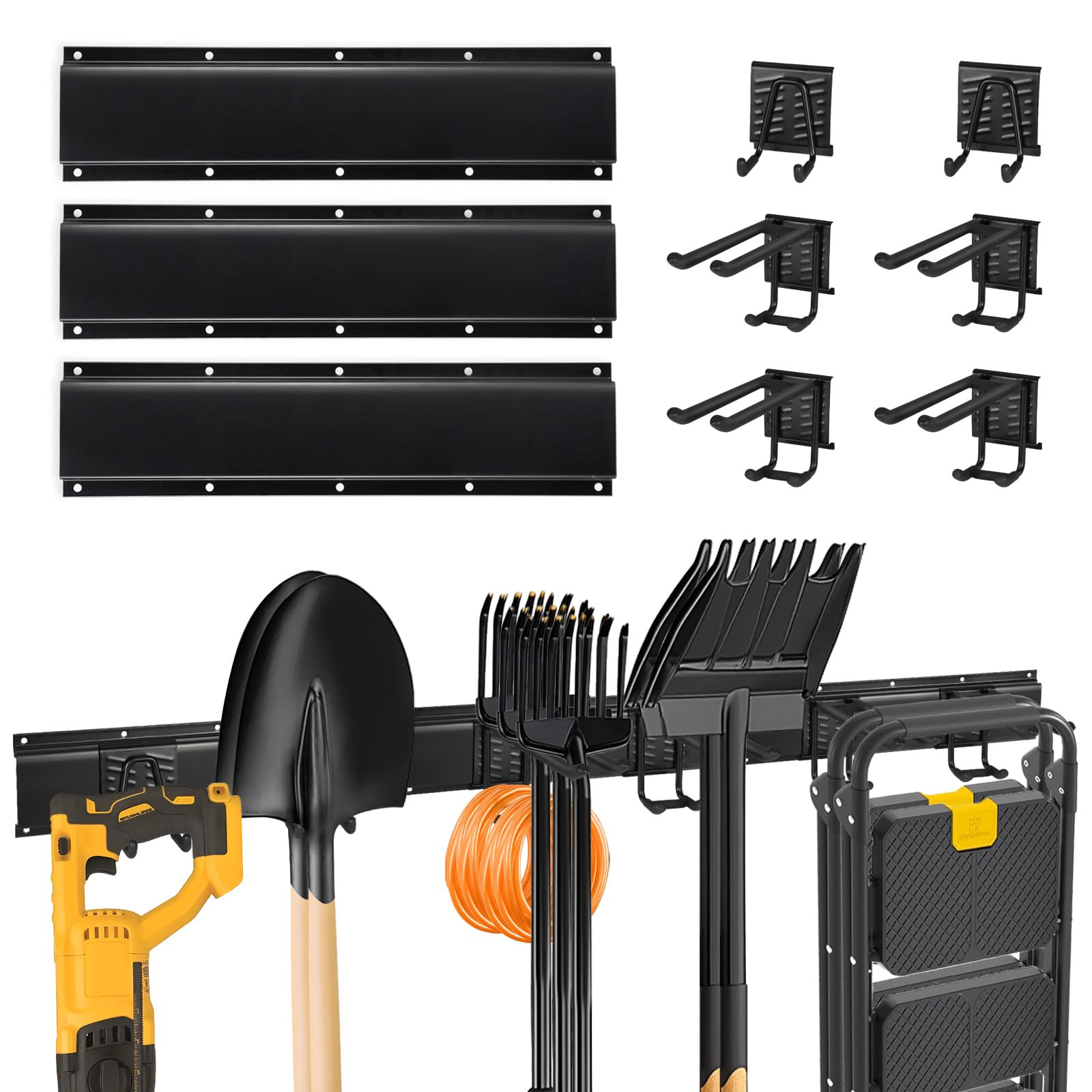 Garage Organization Garage Wall Organizer-Garage Tool Organizer Wall Mount 48in with Adjustable Metal Hooks,Max 440Lbs Yard Tool Organizer,Garden Tool Storage for Shovels Broom Folding Chair,Black