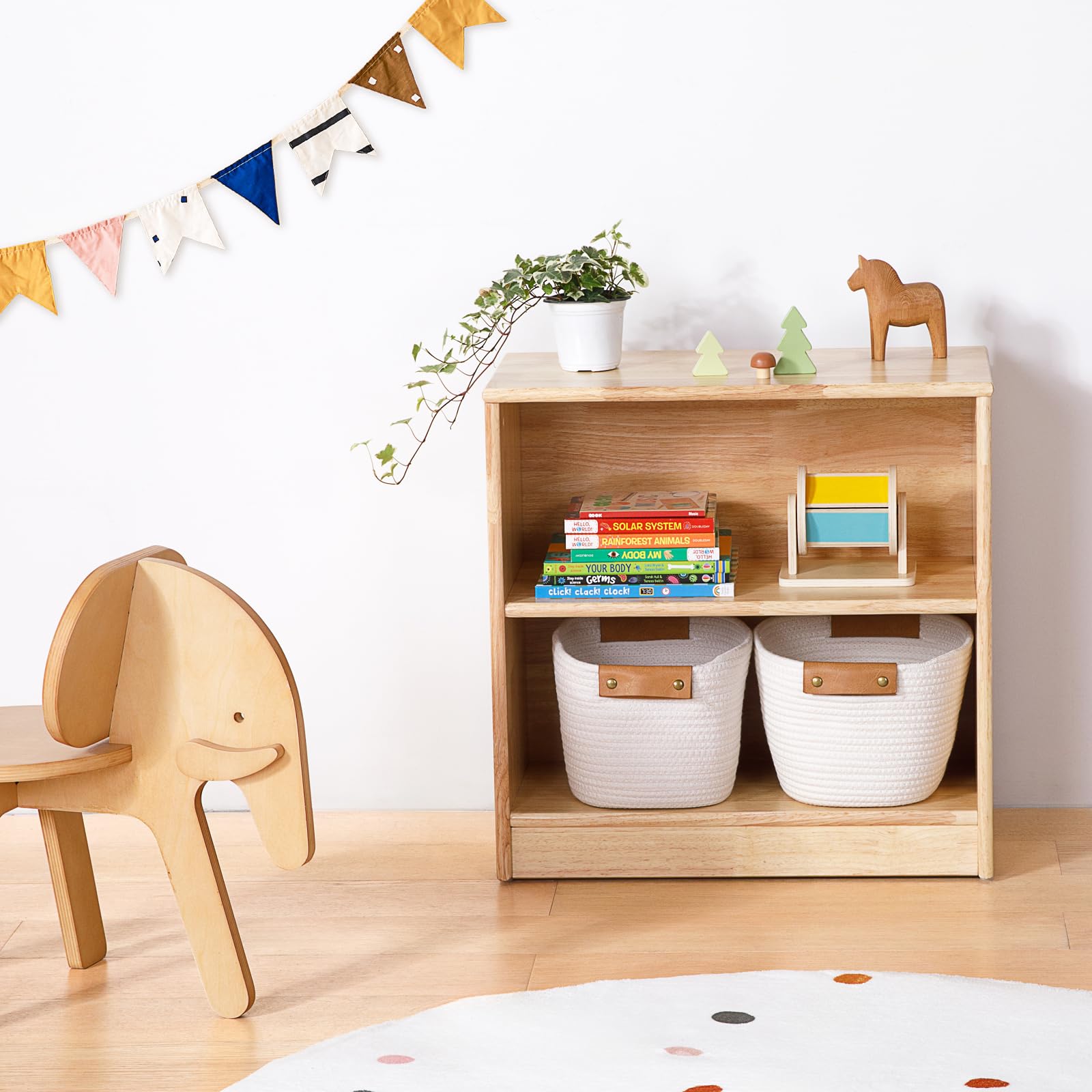 OOOK Rubber Wood Montessori Shelf and Toy Storage, 23.6" L, Compact Toddler Bookshelf for Small Space, Solid Wood Storage Cabinet Shelves for Classroom, Kindergarten, Kids Room, Playroom.