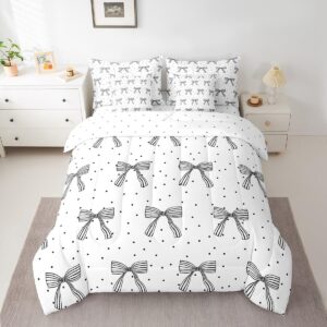 7 pieces cute bowknot girlish comforter full size,cartoon bow-tie princess bedding set,geometric dots zebra stripes black white simple（comforter+fitted+flat sheet+2 pillowcases+2 throw pillow covers）