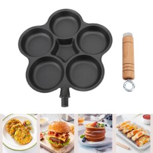 Cast Iron 5 Hole Egg Frying Pan, Heavy Duty Breakfast Pan, Fast Heating Induction Cooker, Solid Wood Handle, for Gas Stove