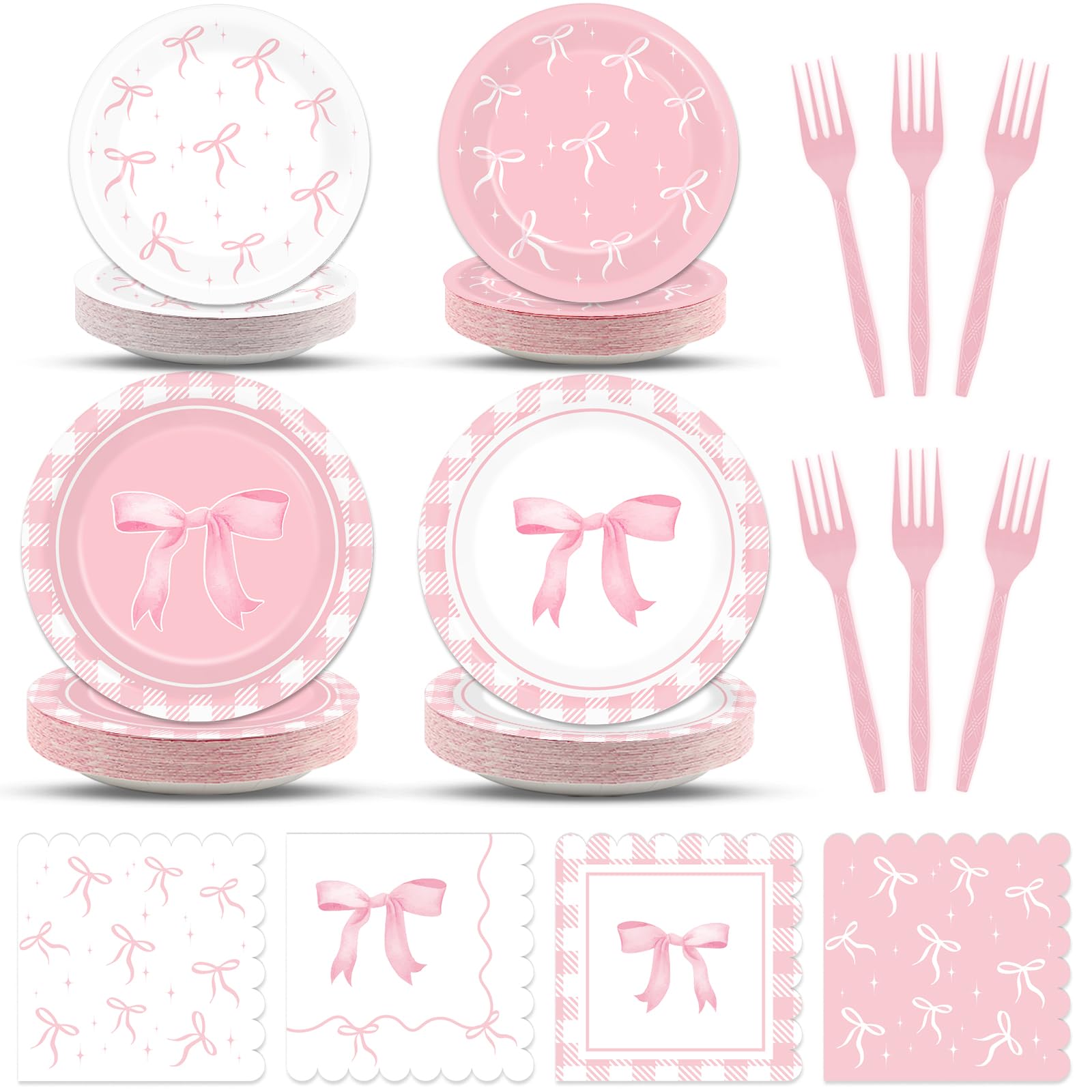 96pcs Pink Bow Party Supplies Bow Birthday Party Plates and Napkins Pink Bow Party Decorations for Girl Bachelorette Bridal Engagement Baby Shower Coquette Cute Tableware Dinnerware Serves 24 Guests