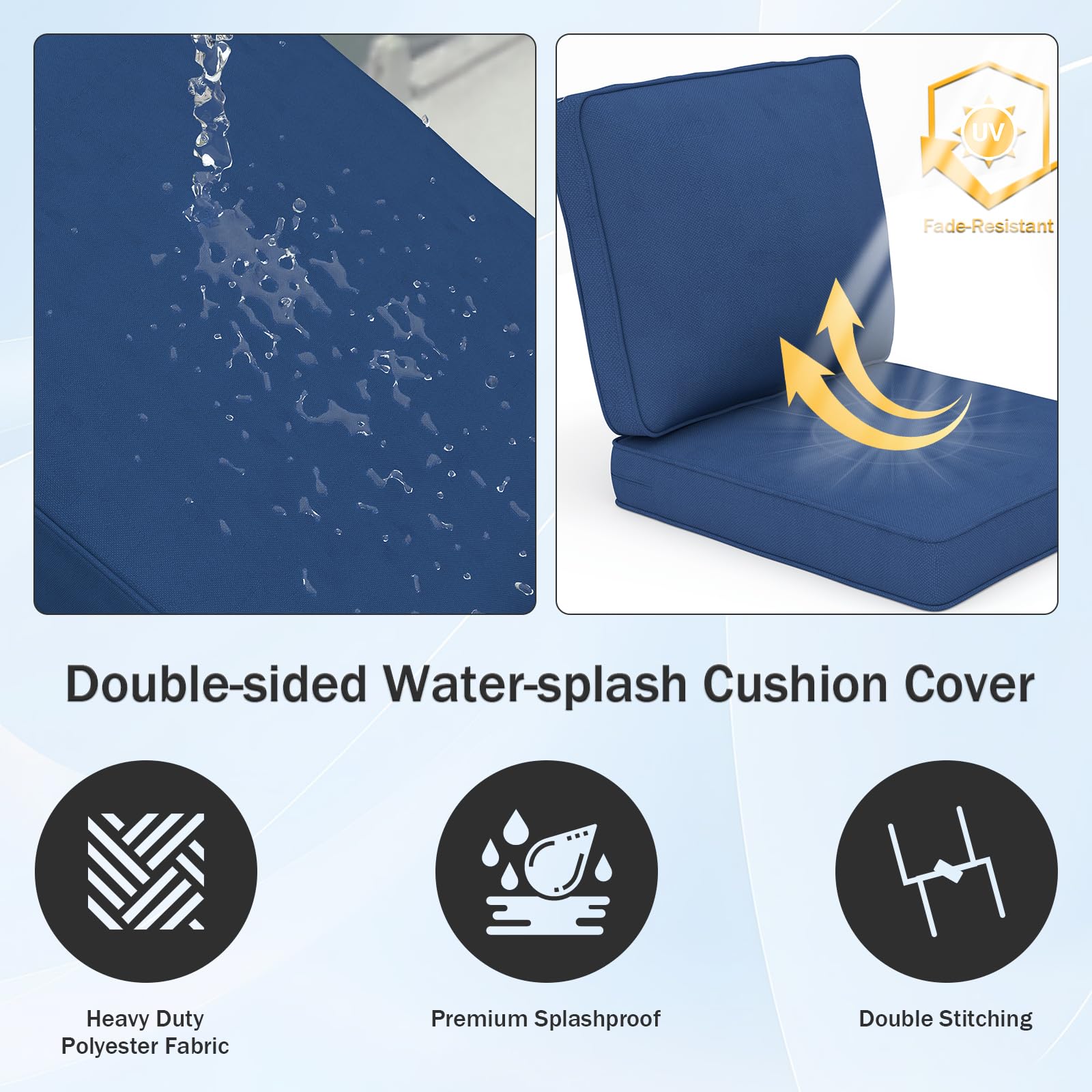 Outdoor Chair Cushions, 24 x 23 Inches High-Density Foam Deep Seat Patio Cushions with Olefin Fabric & Removable Zipper Cover, Outdoor Furniture Replacement Cushions for Chair Sofa Couch - Blue