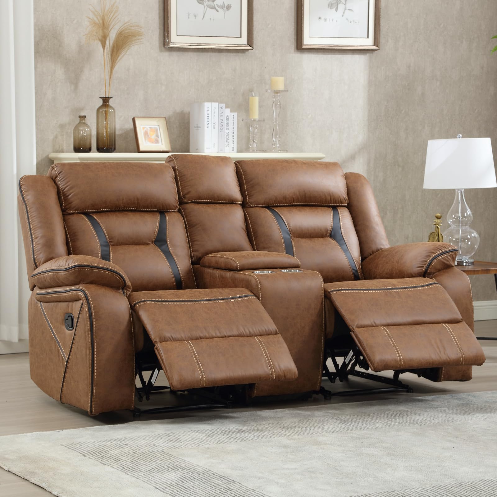 EBELLO Faux Leather Manual Loveseat Recliner, 2 Seat Reclining Sofa Chair with Center Console, Hidden Storage and Cup Holders, Daul Recliner for Living Room, Meeting Room, Brown (Loveseat)