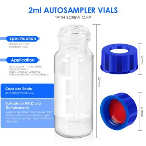 2ml Autosampler Vials, 9-425 HPLC vials, 2ml Clear Vials with Screw Caps, Red PTFE & White Silicone Septa, 100 Pacs PTFE Vials