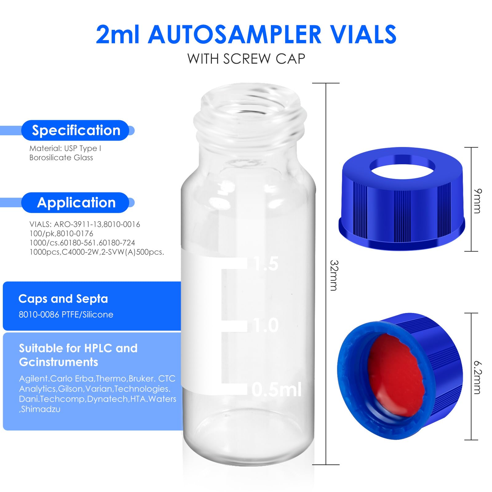 2ml Autosampler Vials, 9-425 HPLC vials, 2ml Clear Vials with Screw Caps, Red PTFE & White Silicone Septa, 100 Pacs PTFE Vials