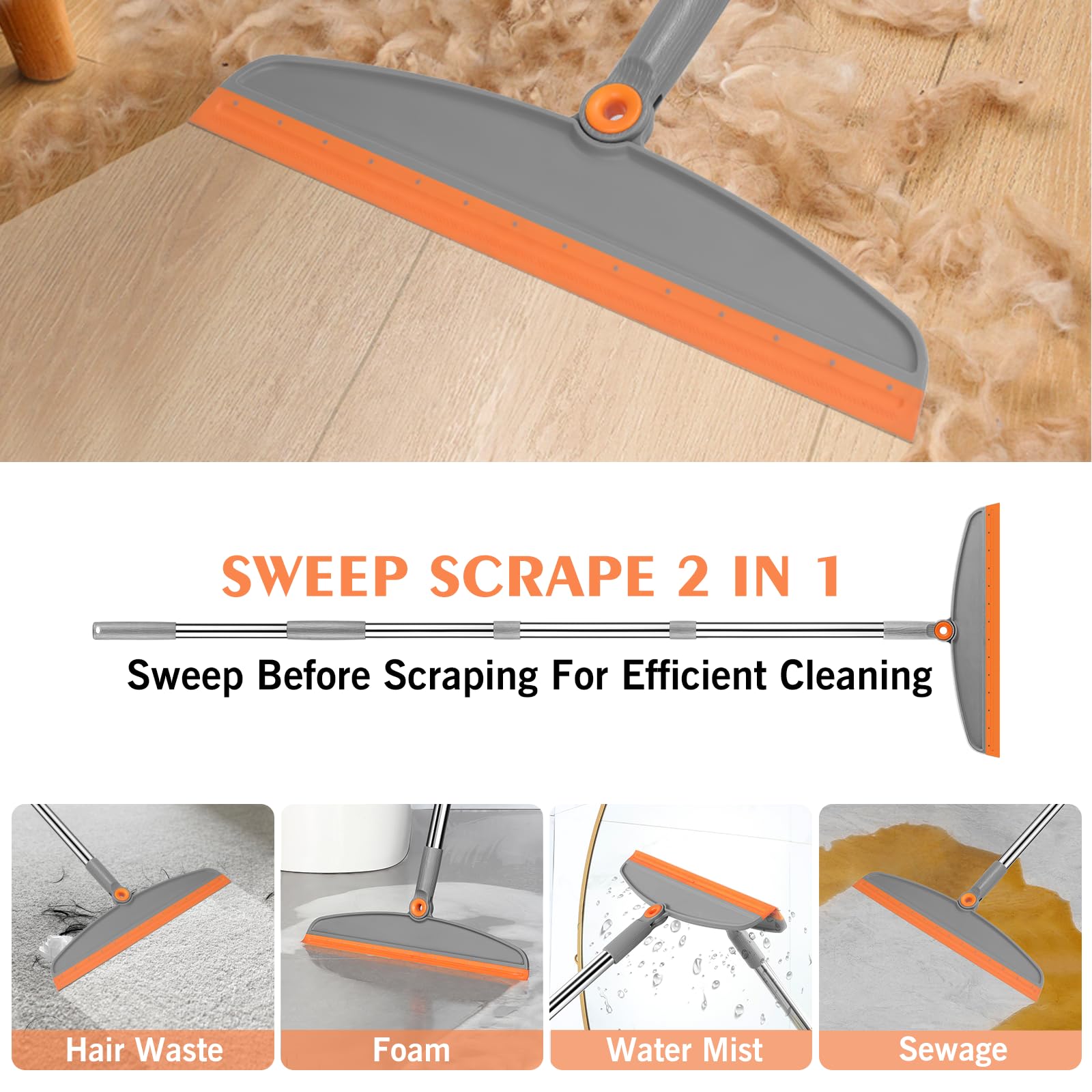 Multifunction Magic Broom, 54 Inch Adjustable Long Handle Silicone Floor Squeegee Broom, Sweep and Scrape 2 In 1 Household Cleaning Broom for Floor, Bathrooms, Kitchens, Showers, Tile, Pet Hair, Glass