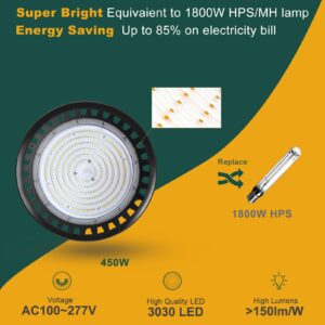 450W LED High Bay Light 67500lm High Bay LED Lights, 5000K High Bay LED Shop Lights with US Plug, AC100-277V Commercial UFO LED Light for 30-55FT Height