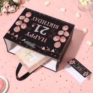 Black Rose Gold 21st Birthday Gift Bag with Happy 21st Birthday Greeting Card and Tissue Paper for Girls Rose Gold 21st Birthday Gift Wrap Bag for 21st Birthday Christmas Party Decorations Supplies