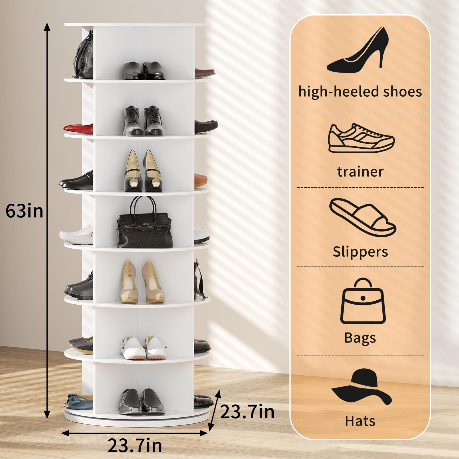 7 Tier Rotating Shoe Rack Tower, Revolving 360 Shoe Rack Storage Round Carousel,Spinning Shoe Display Lazy Susan, Vertical Handbag Rotate Shoes Closet Organization for Entryway Living Room Hallway.