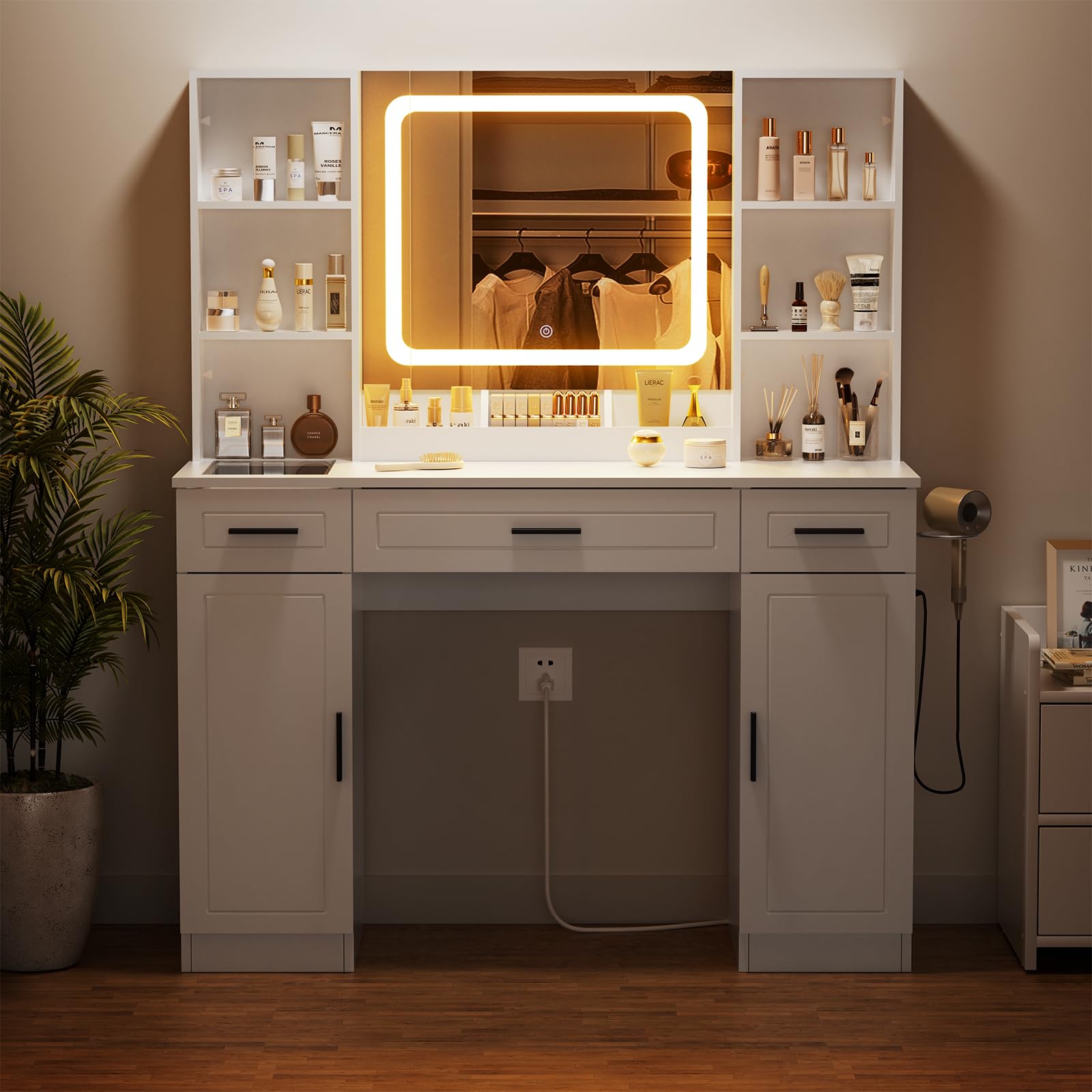 Vanity Desk with Mirror and Lights 45.3“W Makeup Desk with Drawers and Cabinet Vanity Table with Led Light Big Makeup Table with Charging Station Dressing Table with Glass Top for Bedroom White