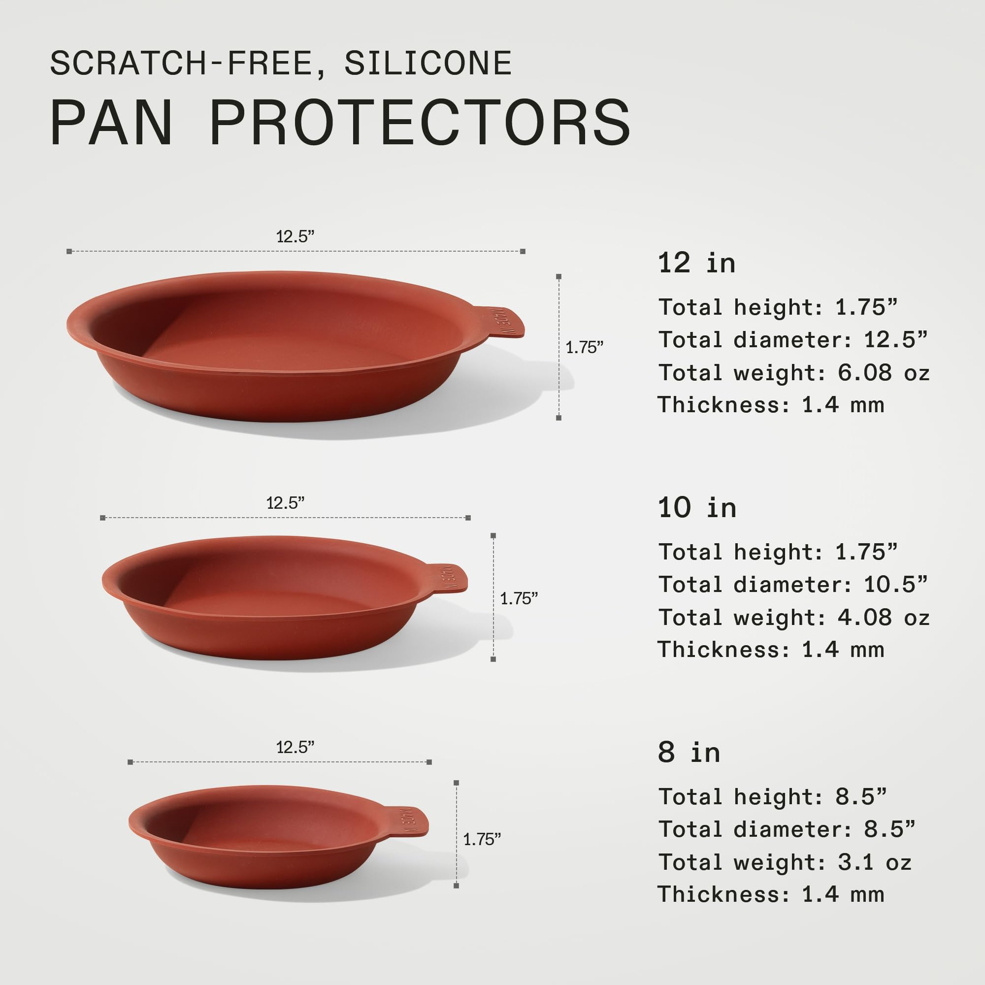 Made In Cookware - 3 Piece Set (Includes 8",10",12") Frying Pan Protectors - Red - Molded Silicone - Dishwasher Safe