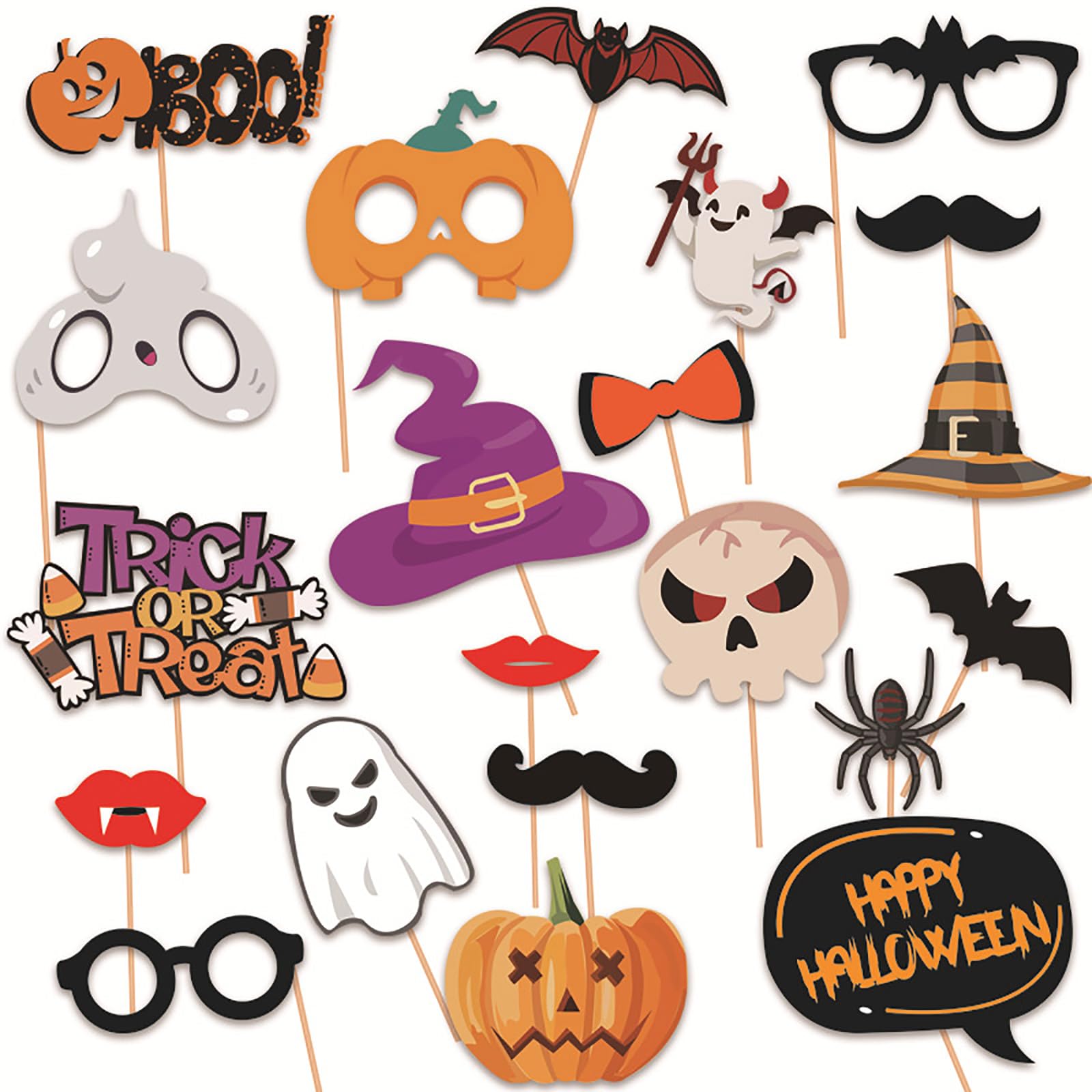 KALOR Happy Halloween Photo Booth Props, 21 Pcs Witch Hat Pumpkin Bat Tombstone Fancy Party Decor Supply Halloween Selfie Props for Halloween Party Decorations