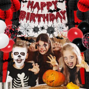 Halloween Birthday Party Decorations, Halloween Birthday Decorations includes Glitter Happy Birthday Banner Red Foil Curtains Backdrop and 3D Bat Sticker for Spooky Vampire Birthday Decorations