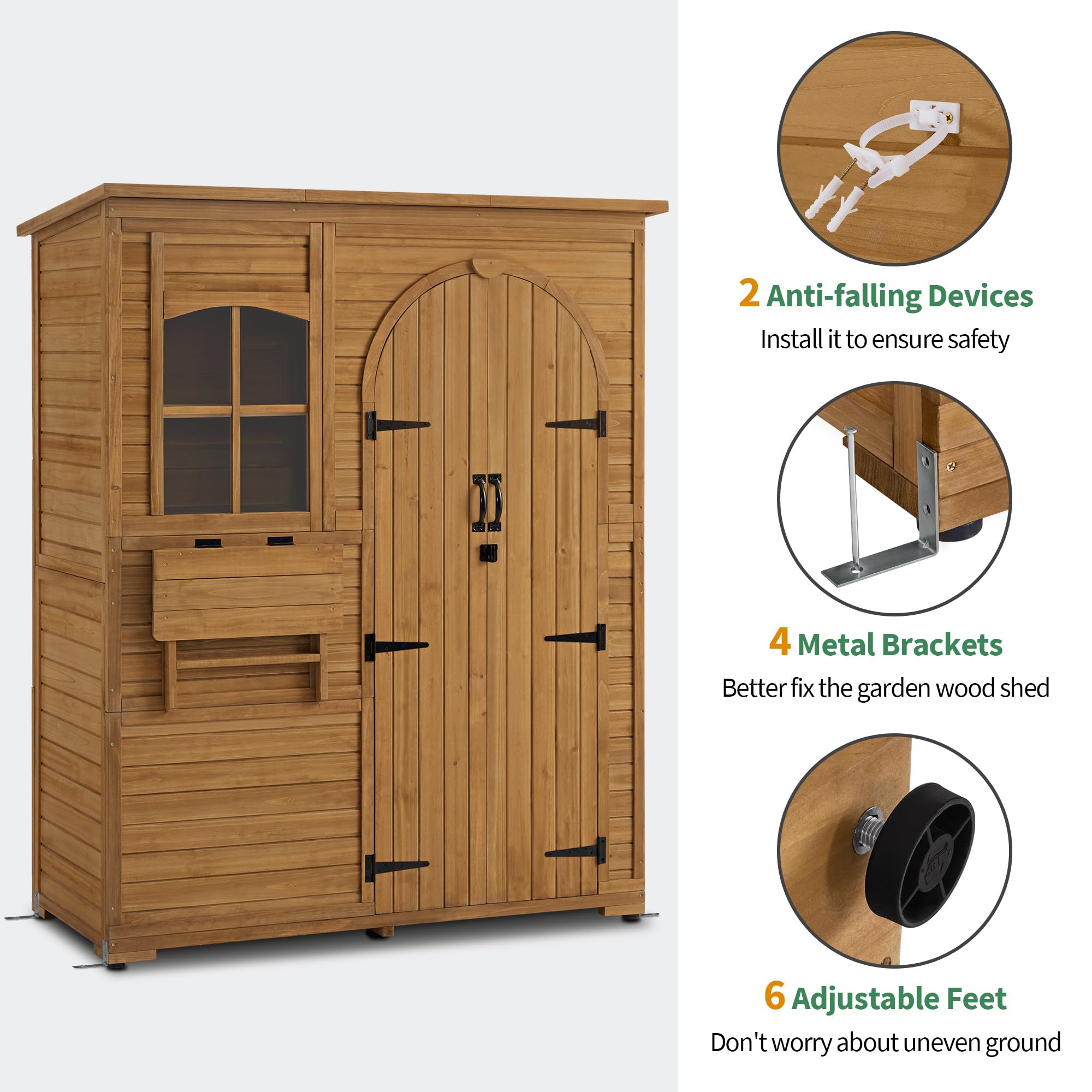 MCombo Outdoor Storage Cabinet, Outside Wooden Storage Cabinet with Waterproof Asphalt Roof and 3 Shelves, Tall Tool Shed with 1 Foldable Table for Yard, Garden, Patio, Lawn 1815