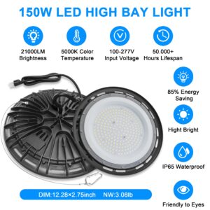 Eilpass Super Bright High Bay LED Shop Lights - 150W 5000K Daylight, 21000LM 120VAC with 5ft Cord & US Plug. Standard US Hook, IP65 Waterproof led high Bay UFO Lights