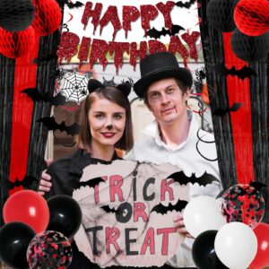 Halloween Birthday Party Decorations, Halloween Birthday Decorations includes Glitter Happy Birthday Banner Red Foil Curtains Backdrop and 3D Bat Sticker for Spooky Vampire Birthday Decorations