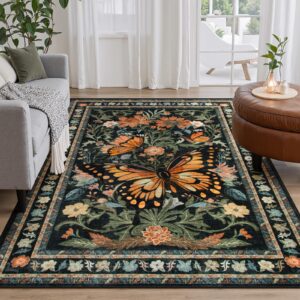 wonnitar butterfly area rug for bedroom, 5x7 black rug for living room washable floral rug, boho dining room rugs for under table stain resistant floor carpet for entryway playroom