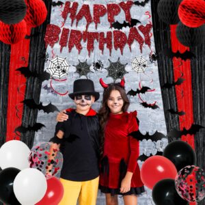 Halloween Birthday Party Decorations, Halloween Birthday Decorations includes Glitter Happy Birthday Banner Red Foil Curtains Backdrop and 3D Bat Sticker for Spooky Vampire Birthday Decorations