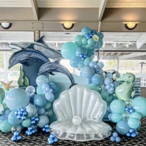 Under The Sea Balloons, 12 Inchs Turquoise Teal Blue Clear Metallic Balloons for Kids Ocean Shark Under The Sea Themed Pool Party Baby Shower Birthday Beach Decorations