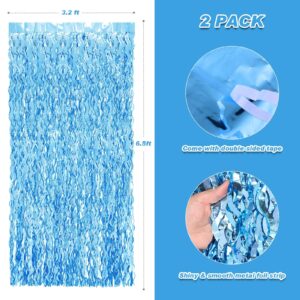 PIGETALE 2 Pack 3.2x6.5 Feet Wavy Blue Backdrop Curtain Tinsel Streamers Foil Fringe Backdrop Ocean Themed Decor Baby Shower Bachelorette Disco Winter Under The Sea Summer Pool Beach Party Decorations