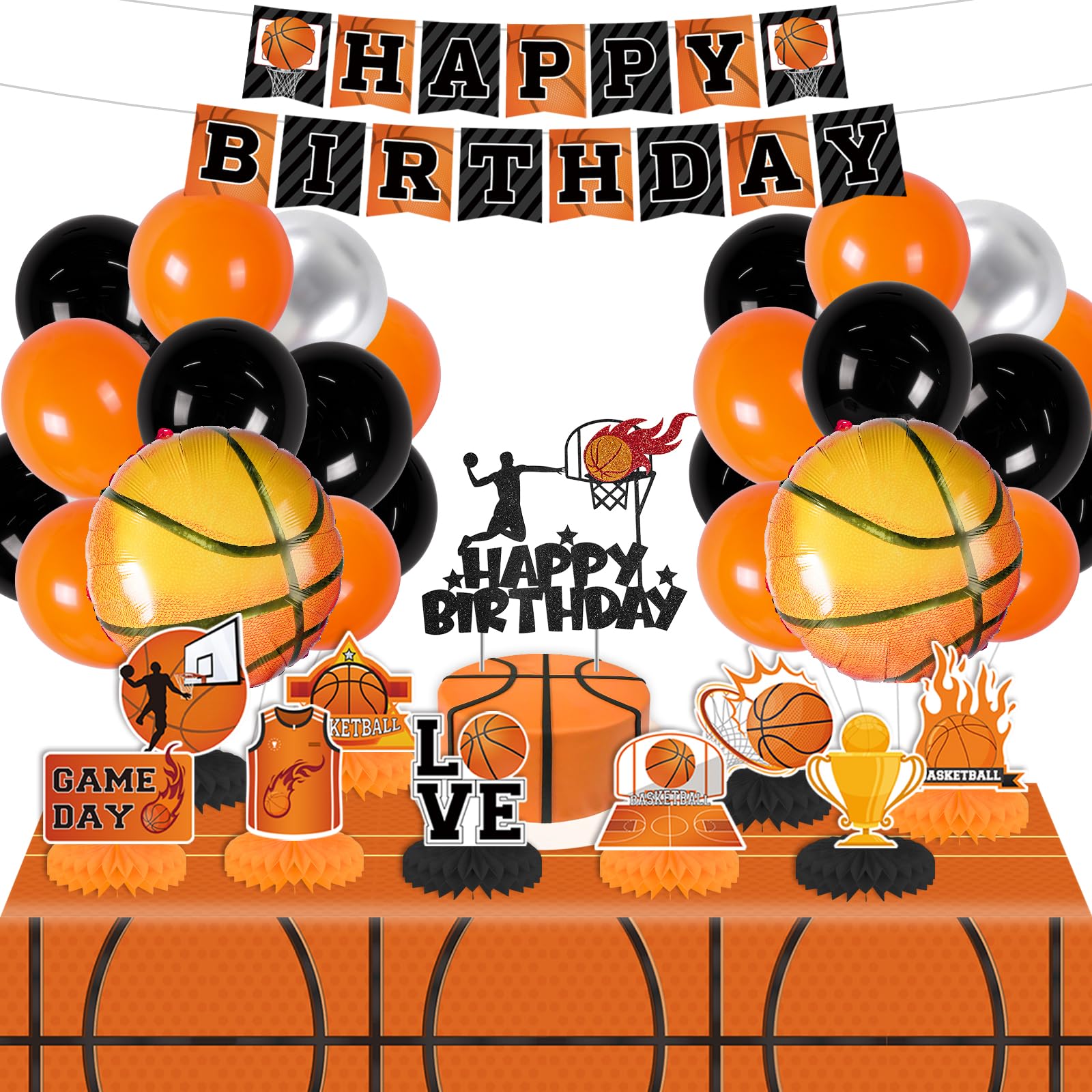 76pcs Basketball Birthday Party Decorations with Basketball Banner Honeycomb Centerpiece Basketball Balloons Cake Topper Tablecloths for Boys Basketball Theme Party Decorations