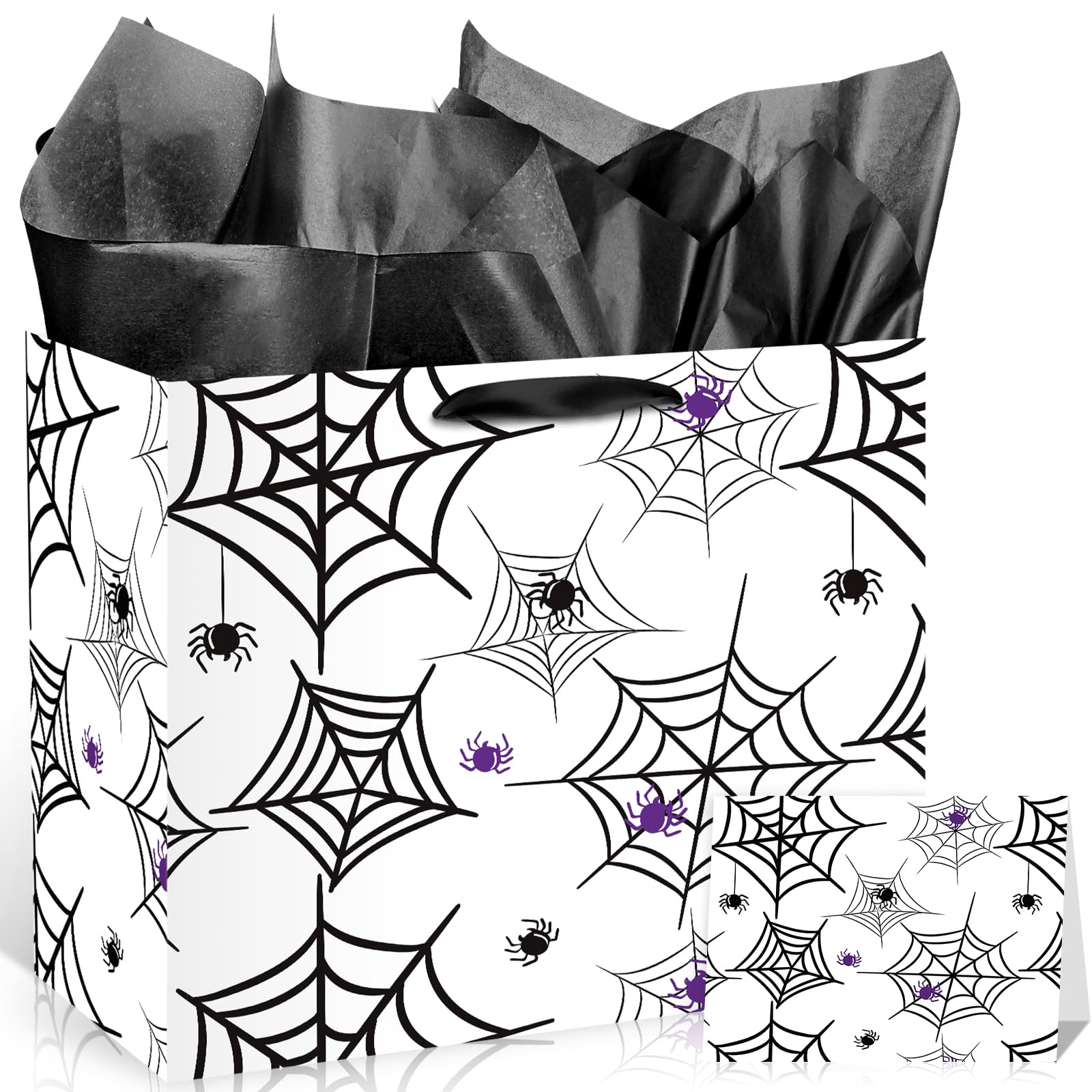 Halloween Spider Gift Bag Trick or Treat Gift Bag with Tissue Paper Greeting Card Halloween Party Favors Spider Web Wrapping Paper Goodie Bag for Halloween Birthday Baby Shower Party Supplies