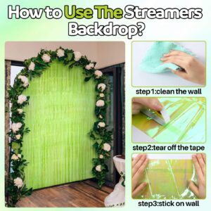 Fanfanwin Neon Green Streamers Backdrop 3.28 x 8.2 ft Lime Green Foil Fringe Curtain Metallic Tinsel Door Streamers for Birthday Bachelorette Christmas, New Year, Disco Party, Neon Party Decorations