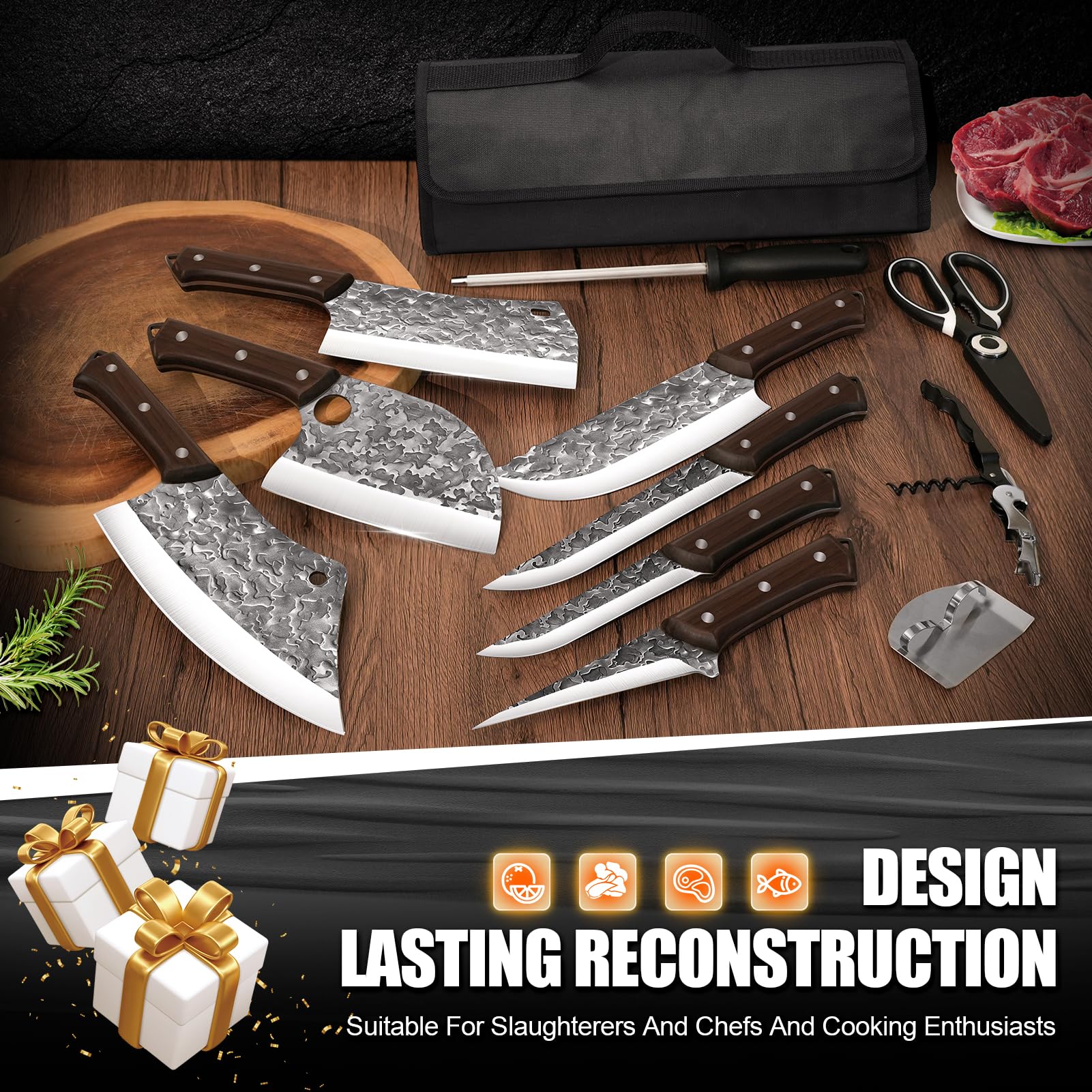 MDHAND Butcher Knife Set, 14 PCS Chef Knife Set with Bag, Hand Forged Kitchen Knife Set Meat Cleaver Boning Knife Viking Knife for Kitchen Camping Outdoor BBQ