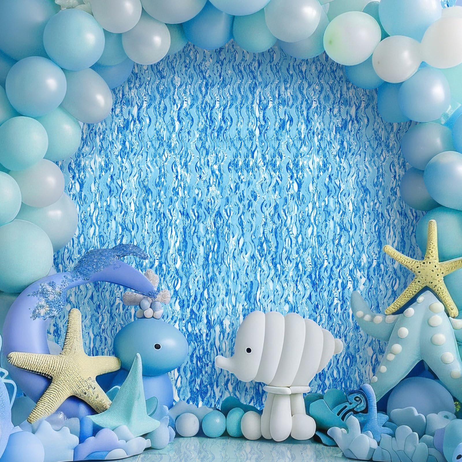 PIGETALE 2 Pack 3.2x6.5 Feet Wavy Blue Backdrop Curtain Tinsel Streamers Foil Fringe Backdrop Ocean Themed Decor Baby Shower Bachelorette Disco Winter Under The Sea Summer Pool Beach Party Decorations