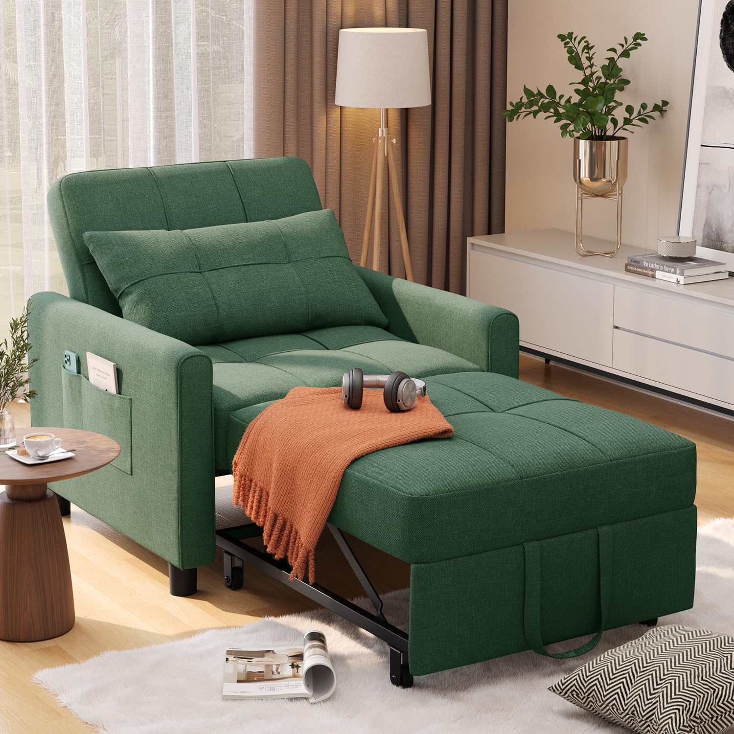 Aiho Convertible Sleeper Sofa Chair Bed with Pillow & Pocket, 3-in-1 Sofa Bed Sleeper Chair in Modern Linen Fabric for Apartment, Green