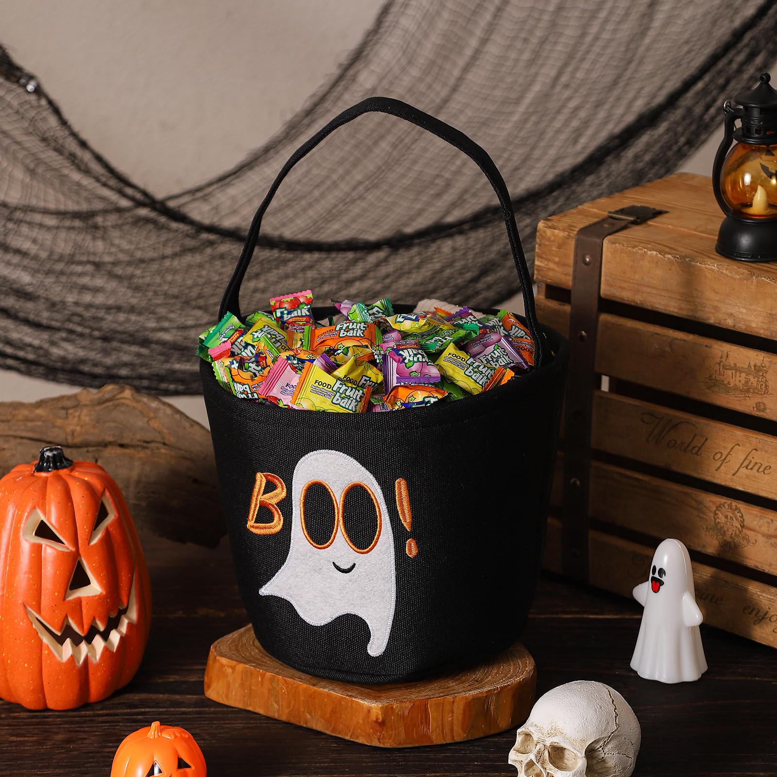 Halloween Bucket Halloween Basket for Kids, Trick or Treat Bags with Embroidery Foldable Halloween Candy Bucket Pumpkin Bucket Candies Basket with Handle for Halloween Party Decorations, (Black)