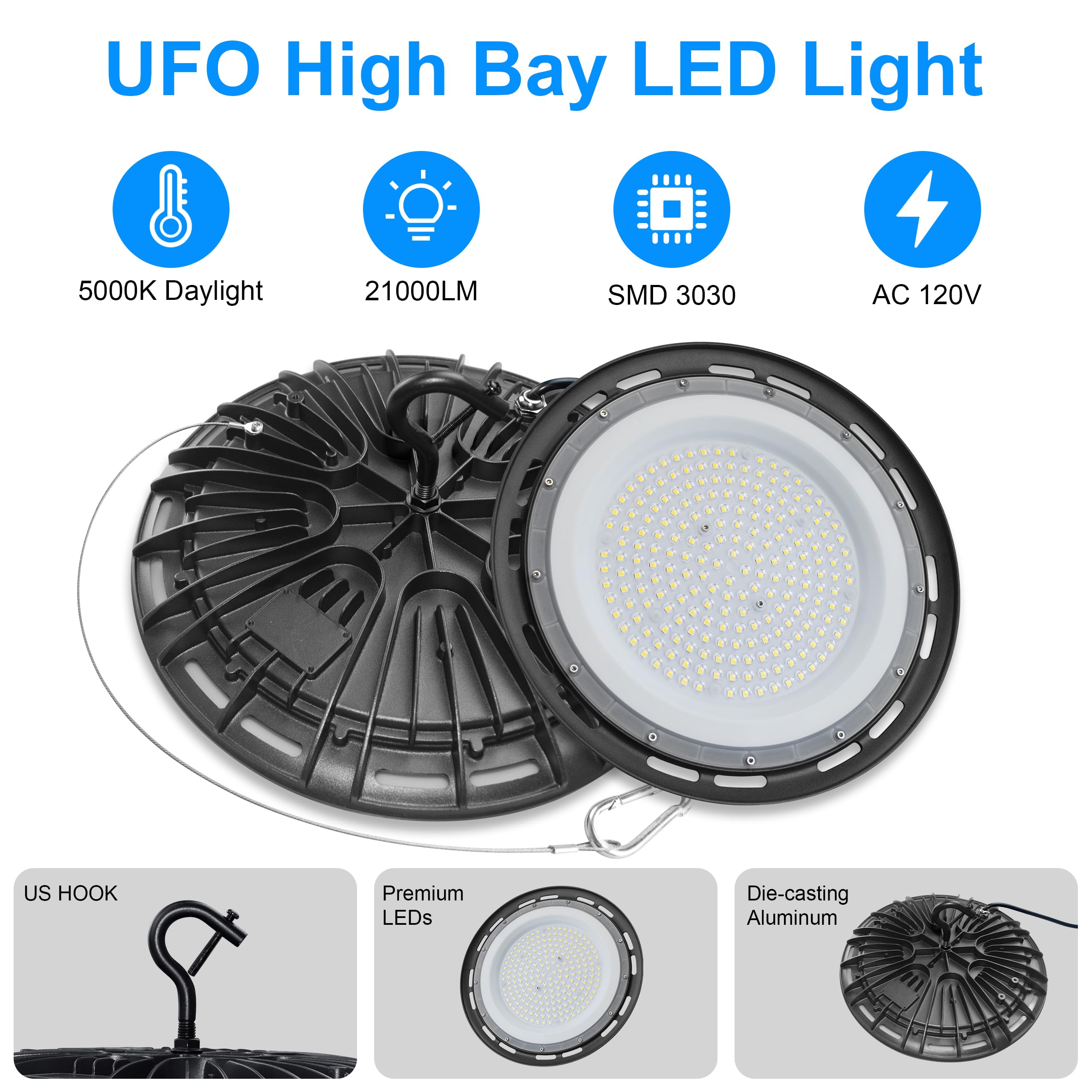 Eilpass Super Bright High Bay LED Shop Lights - 150W 5000K Daylight, 21000LM 120VAC with 5ft Cord & US Plug. Standard US Hook, IP65 Waterproof led high Bay UFO Lights